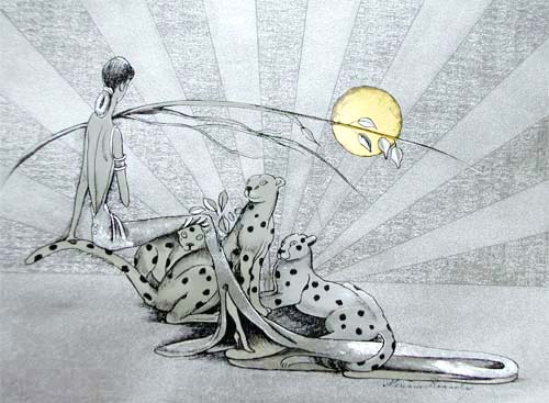 Alubild 21x26 cm: Lady and Leopards by Miriam Bransky | Fantastic Pictures